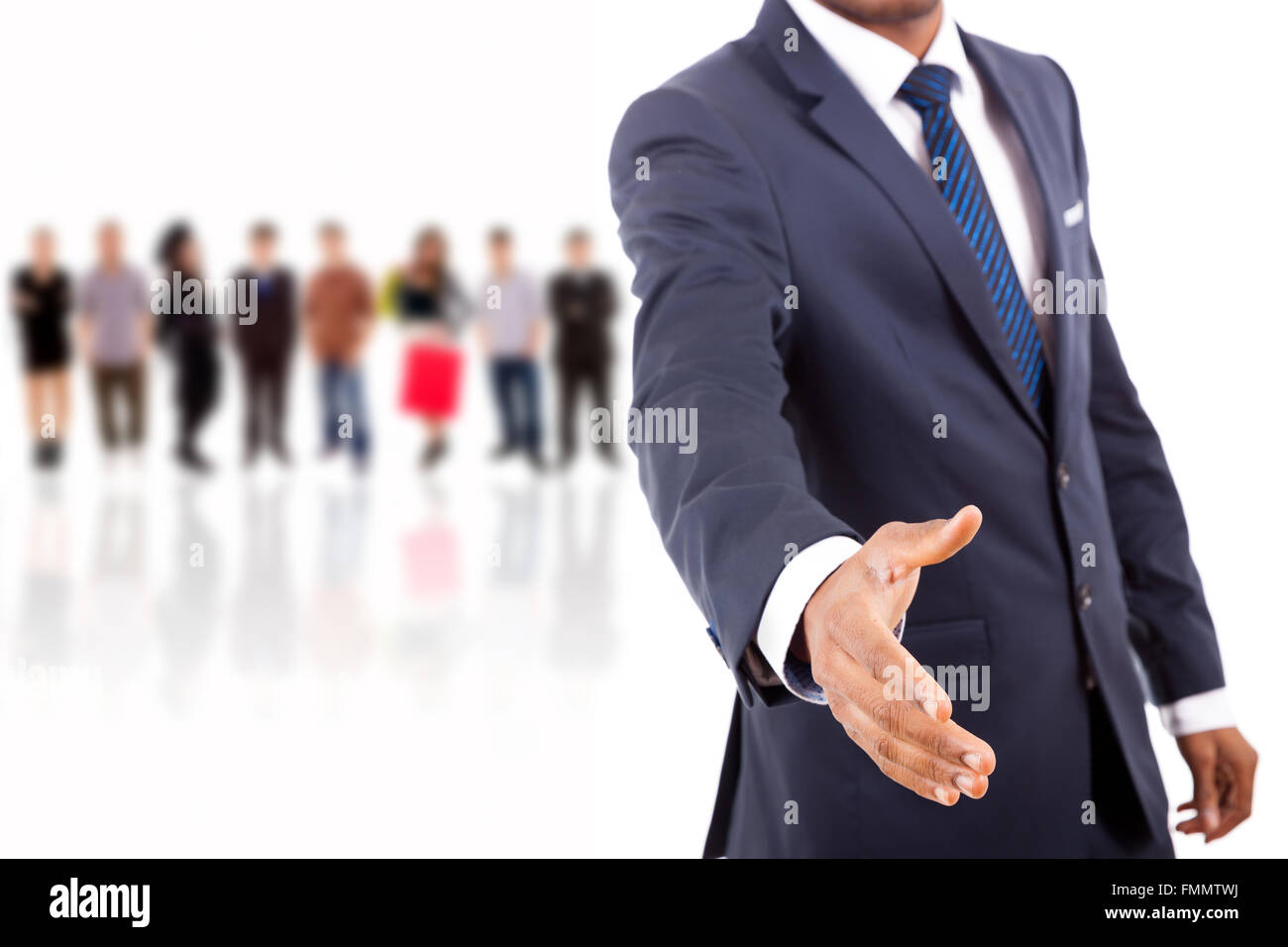 African American business man offering handshake over white background ...