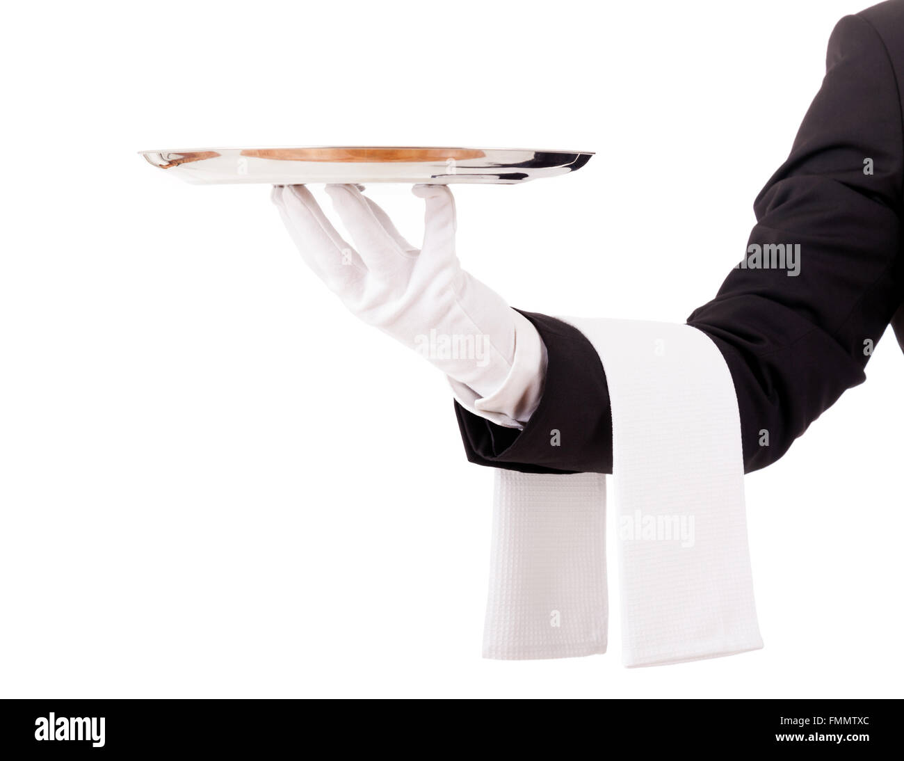 Professional waiter holding an empty dish. Isolated on white background ...