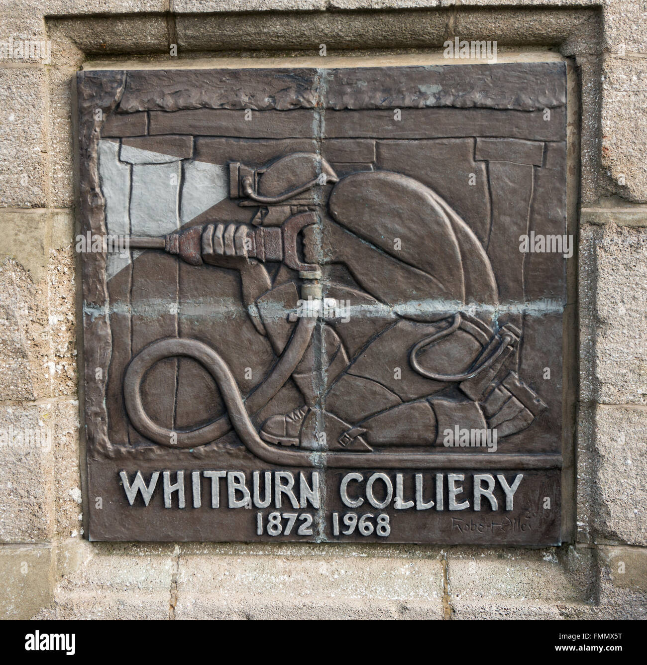 Bronze memorial plaque at site of former Whitburn Colliery, sculptor ...