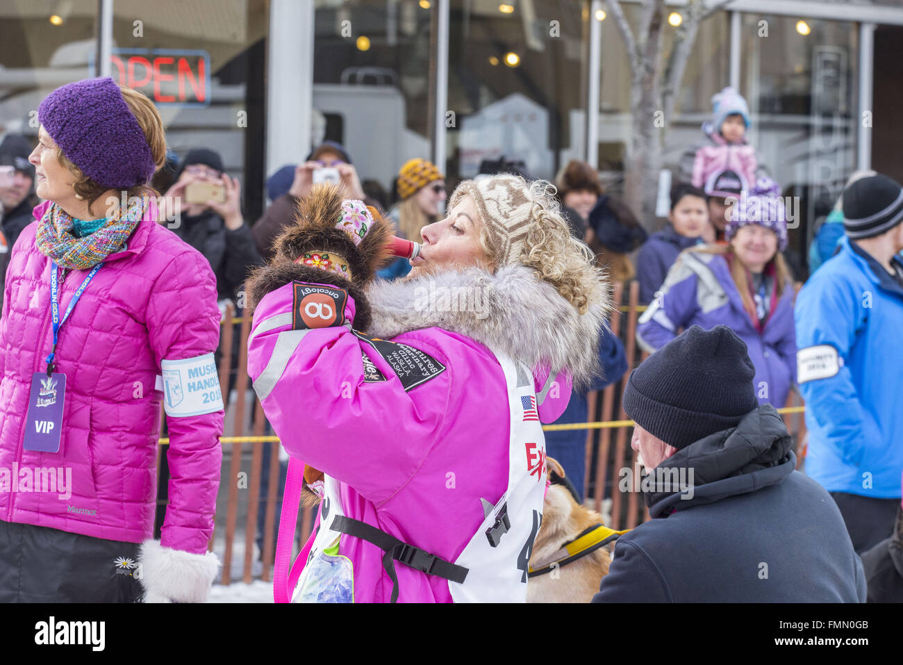 March 5, 2016 - Long time Iditarod musher DEE DEE JONROWE takes a sip ...