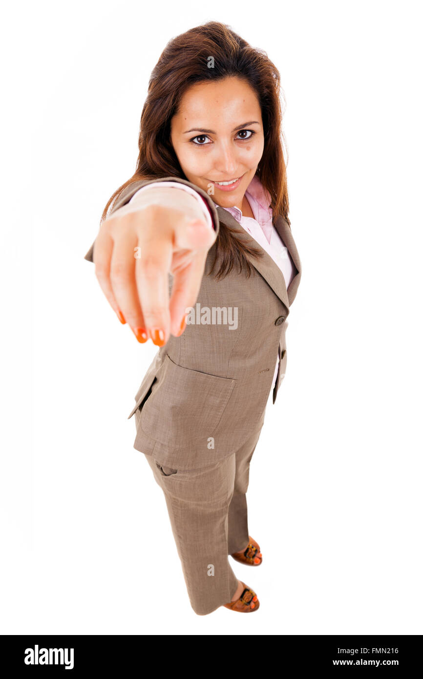 Full length of business woman pointing the finger at you, isolated on ...