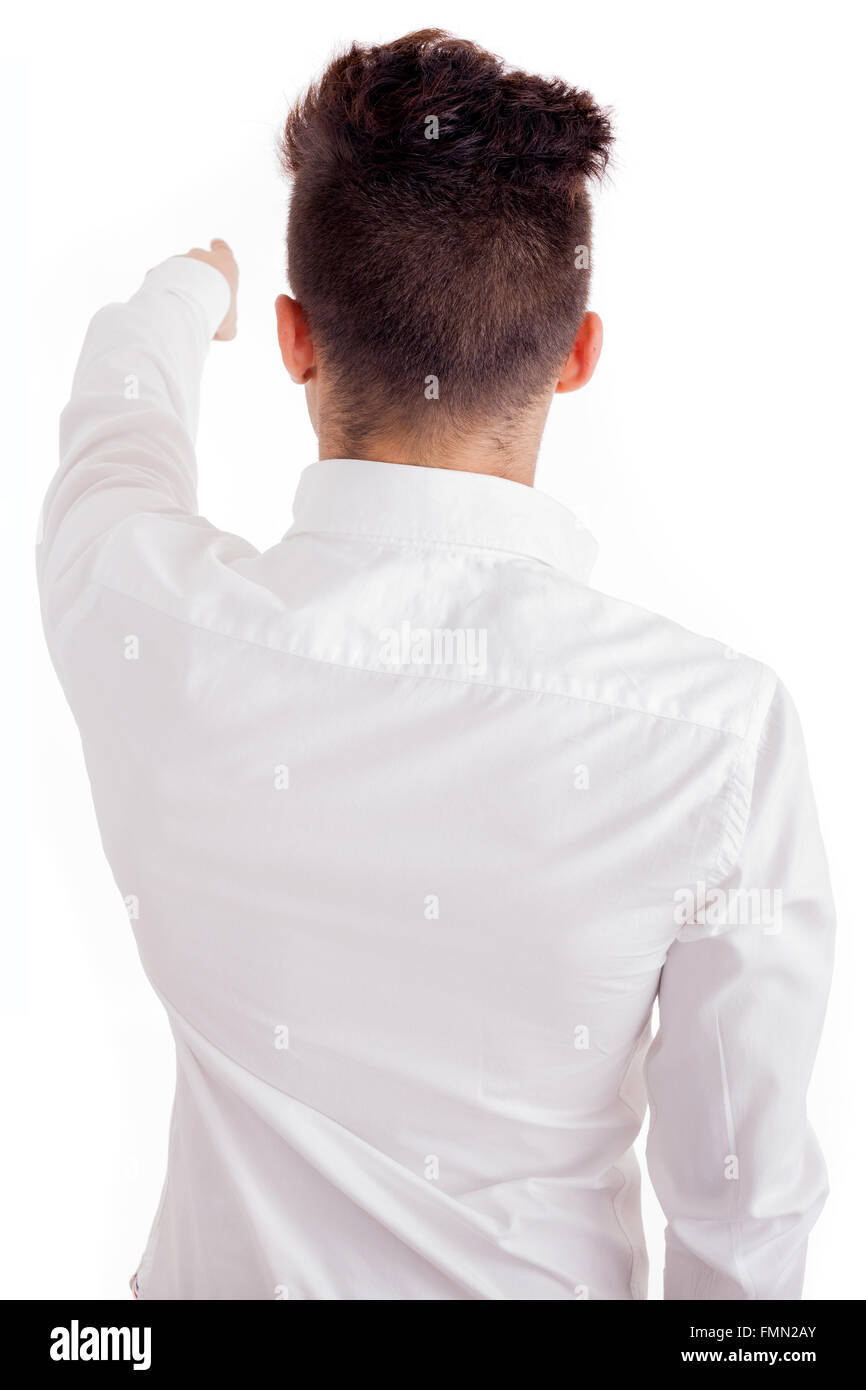 Young man from back pointing - isolated on white Stock Photo - Alamy