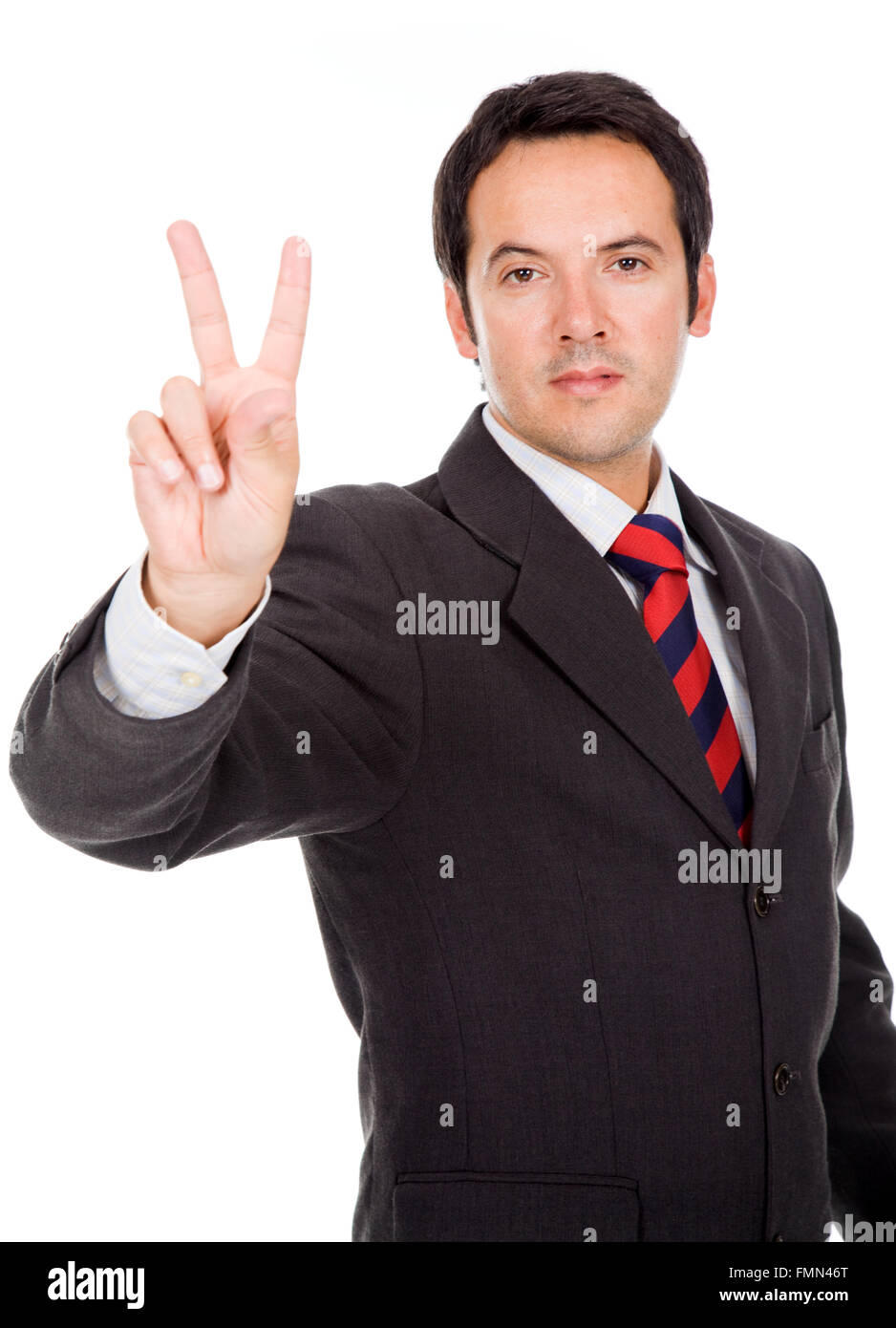 business man showing two fingers or victory gesture, isolated over ...