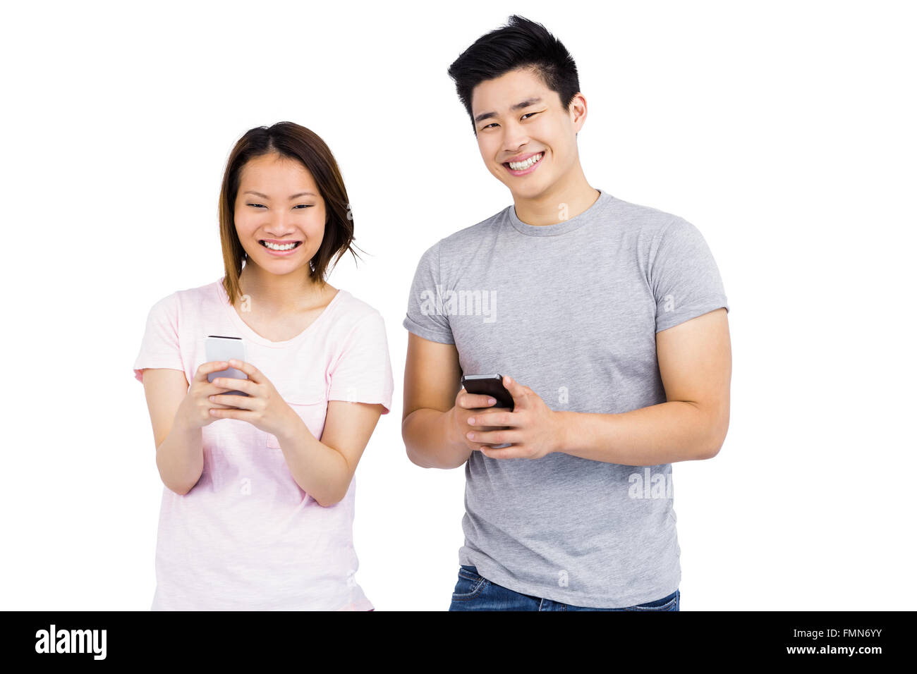 Asian man cell phone looking reading texting messaging woman hi-res ...