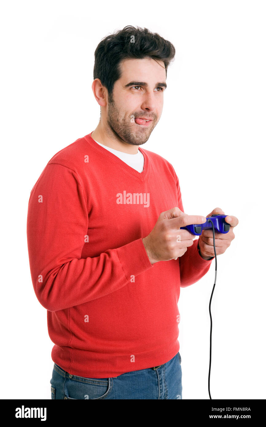 Excited young man playing video games. Isolated on white Stock Photo ...