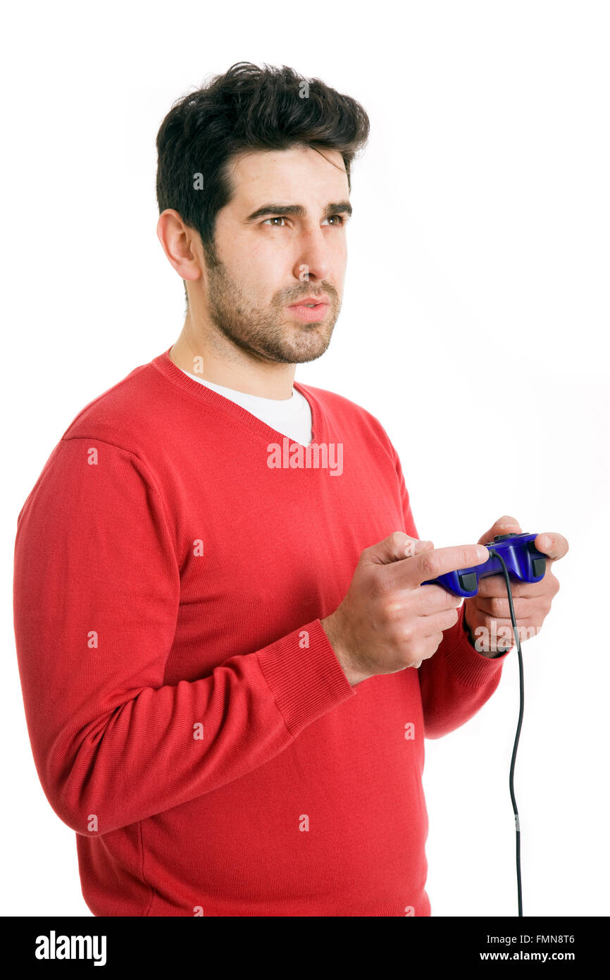 young man playing video games, isolated on white Stock Photo - Alamy