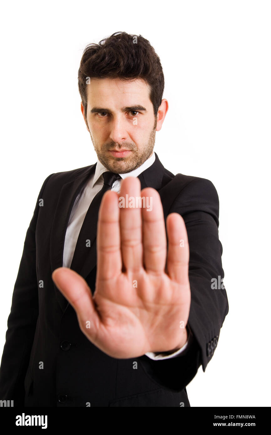 Businessman making stop sign on white background Stock Photo - Alamy