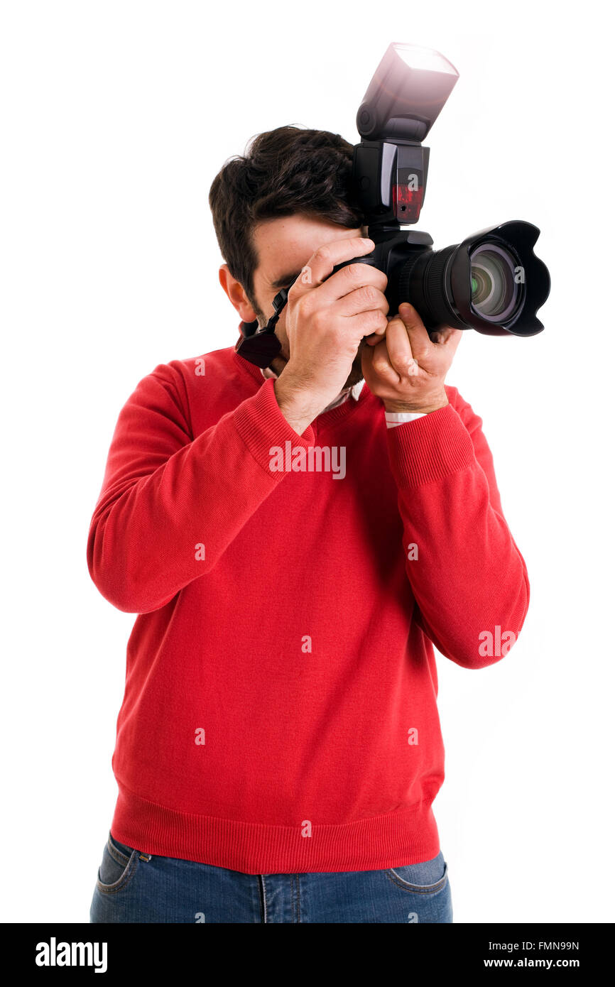Professional photographer with camera on white background Stock Photo ...