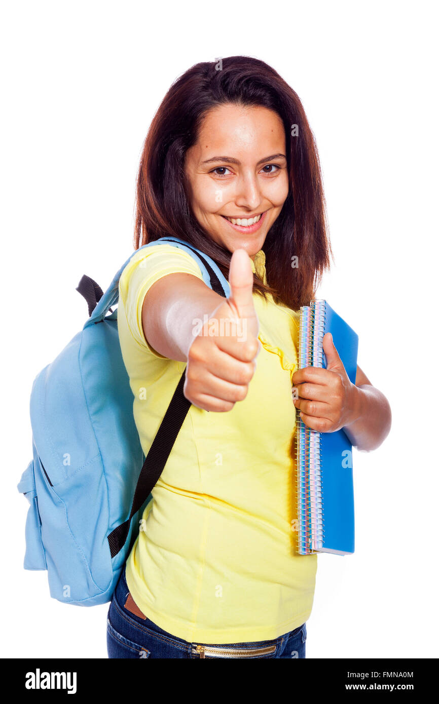 Happy smiling female student thumbs up, isolated on white background ...