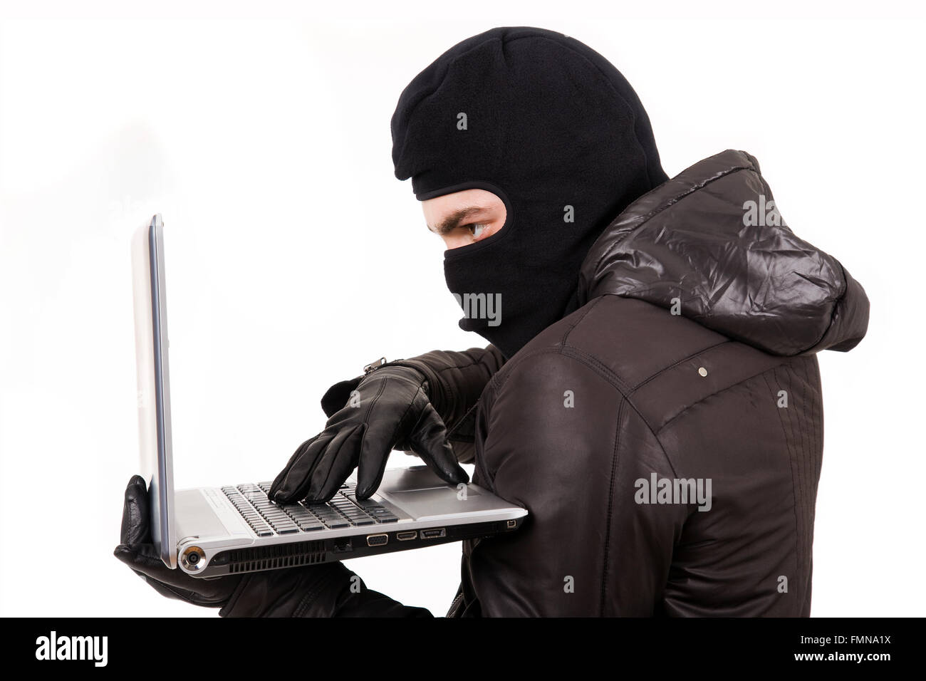 Hacker stealing data from laptop computer, isolated on white Stock ...