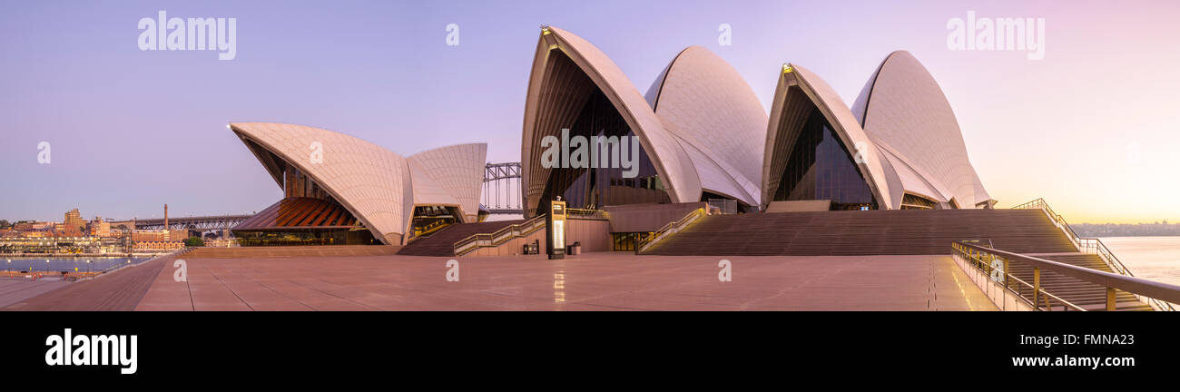 A panorama banner image of The Sydney Opera House, Australia at dawn ...