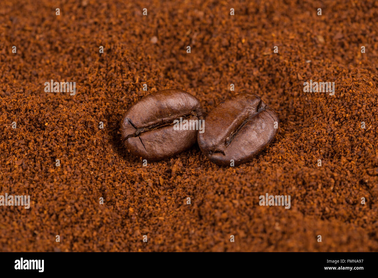 Coffee beans on heap of ground coffee close-up Stock Photo - Alamy