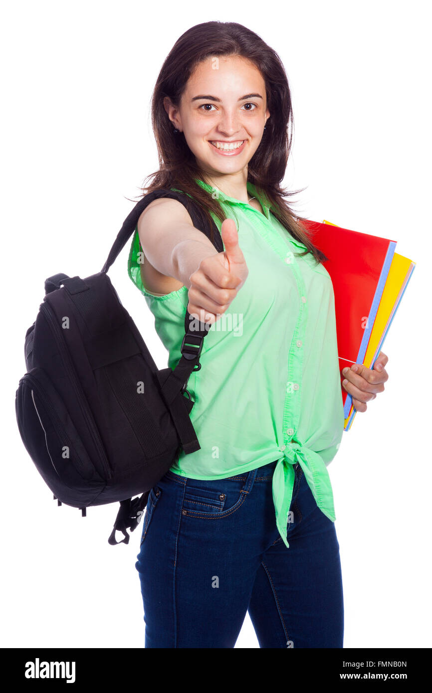 Happy smiling female student thumbs up, isolated on white background ...