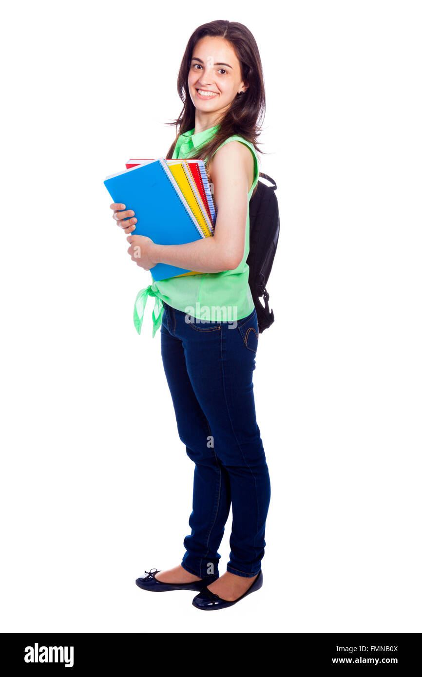 Full body portrait of a female student carring notebooks and backpak ...