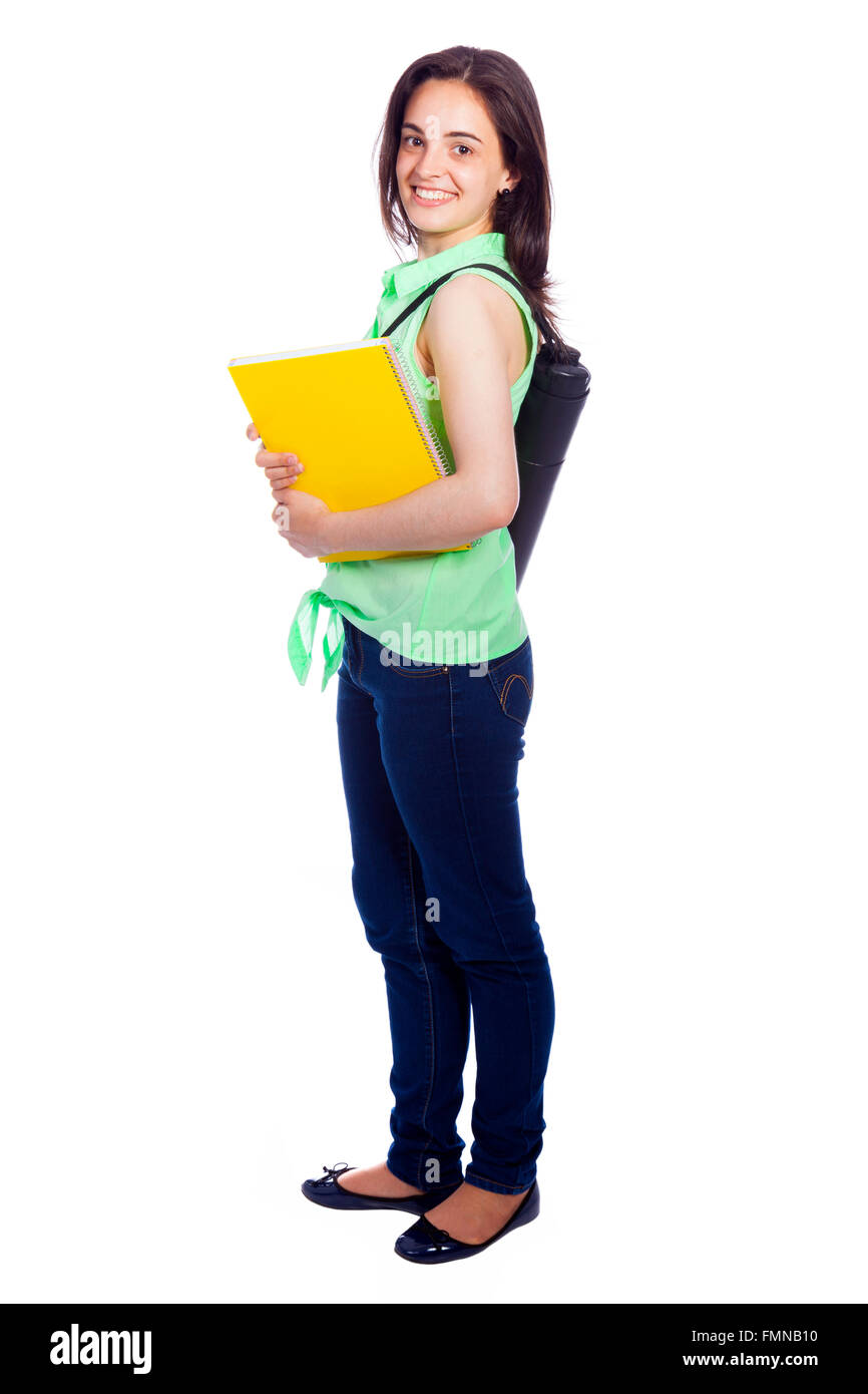 Happy female student carrying notebooks - isolated over a white ...