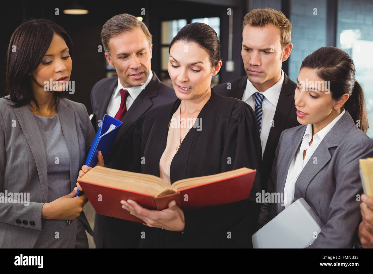Lawyer reading a law book and interacting with businesspeople Stock ...