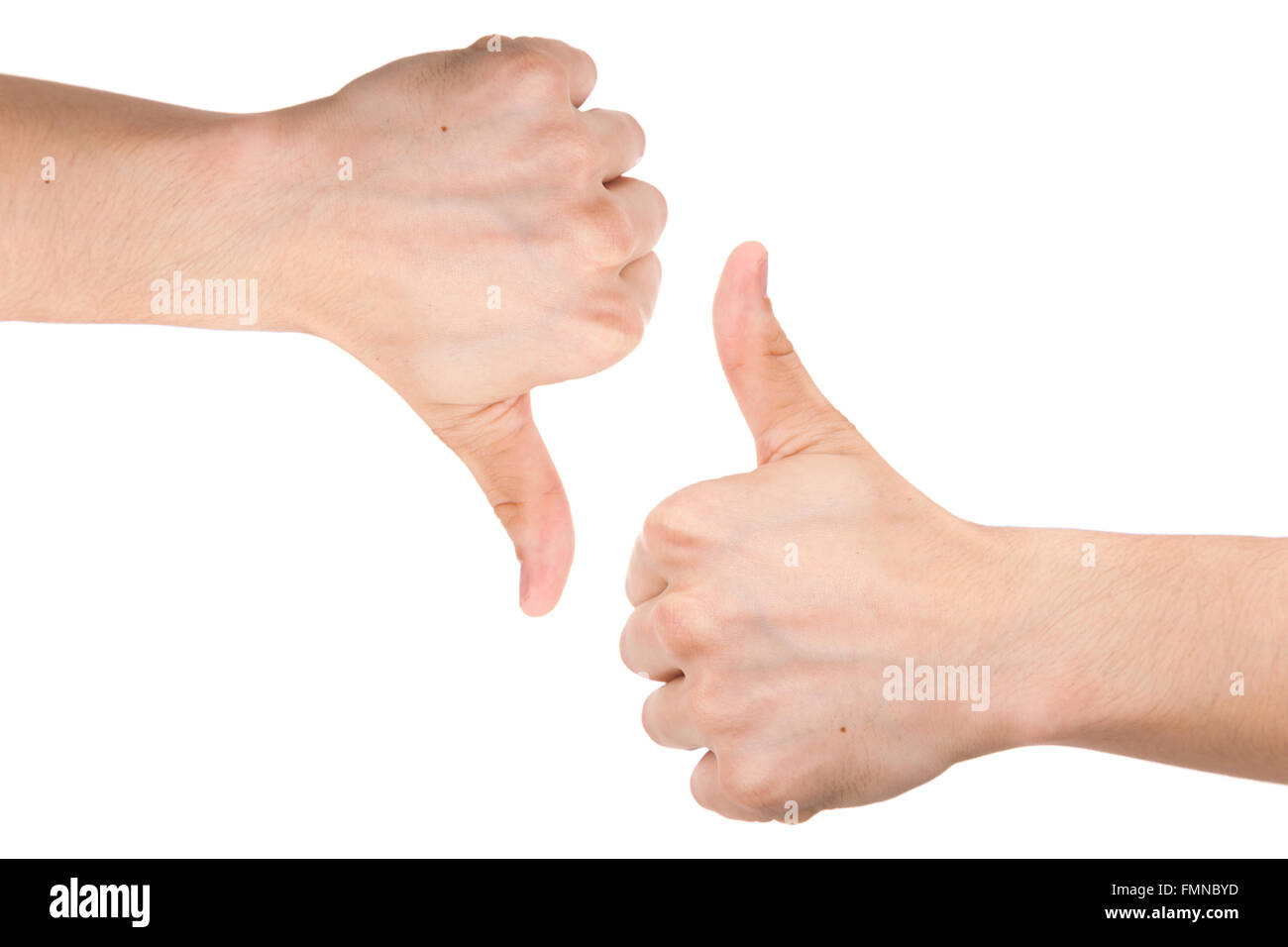 Front and back male hands showing thumbs up and down, isolated on white ...