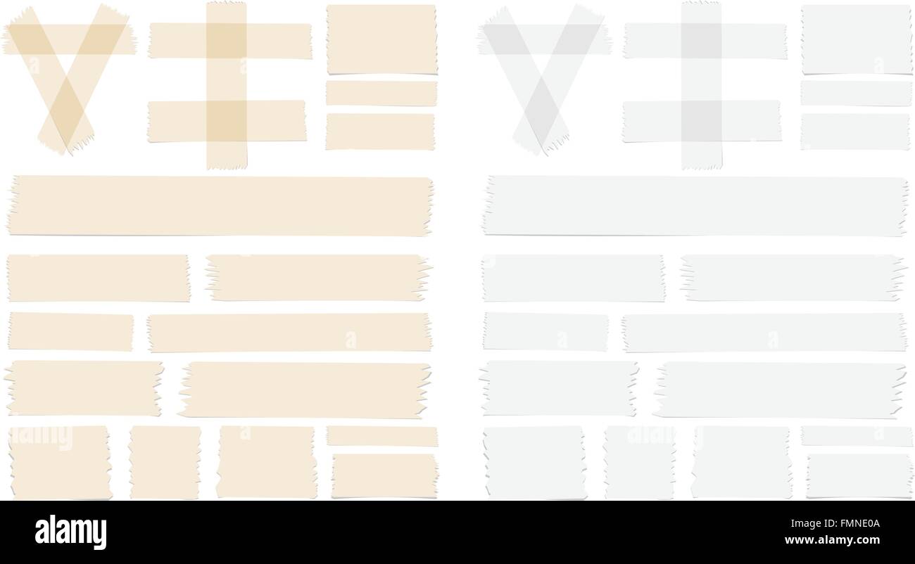 Symbols and different size sticky, adhesive tape pieces on white ...