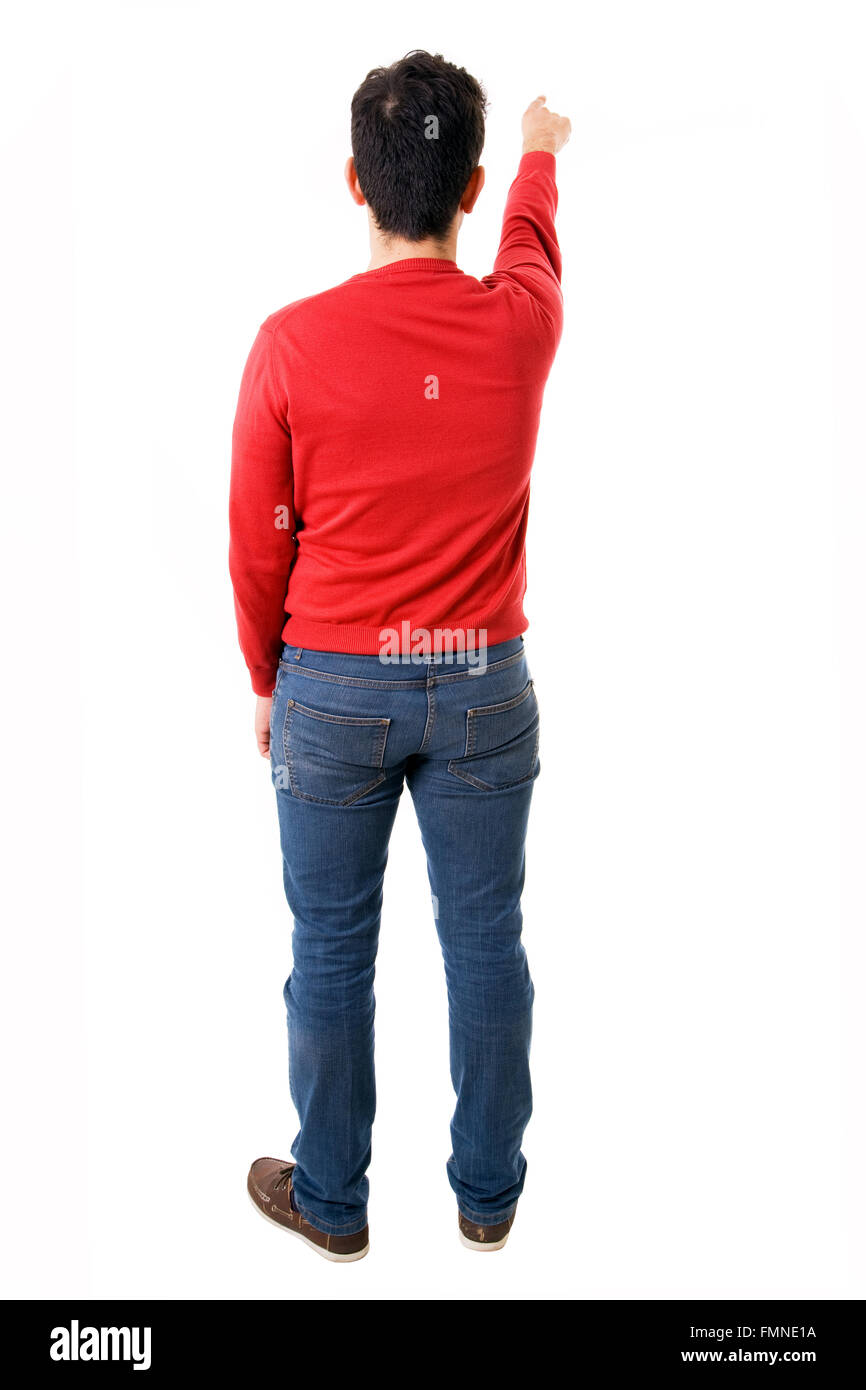 Young man pointing from back, isolated on white Stock Photo - Alamy