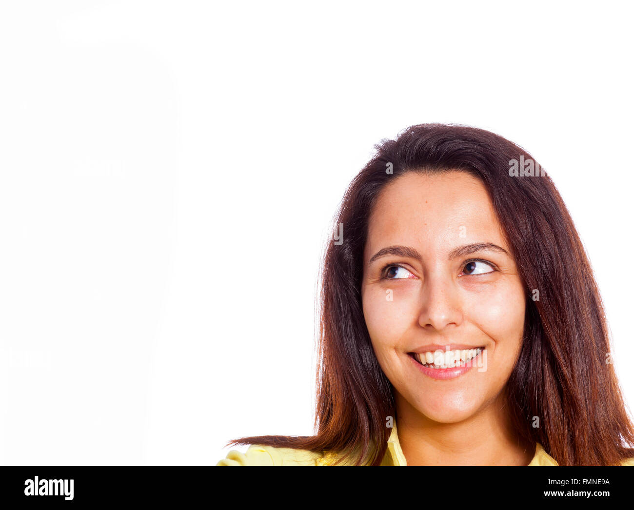 Thoughtful smiling woman looking up - isolated over a white background ...