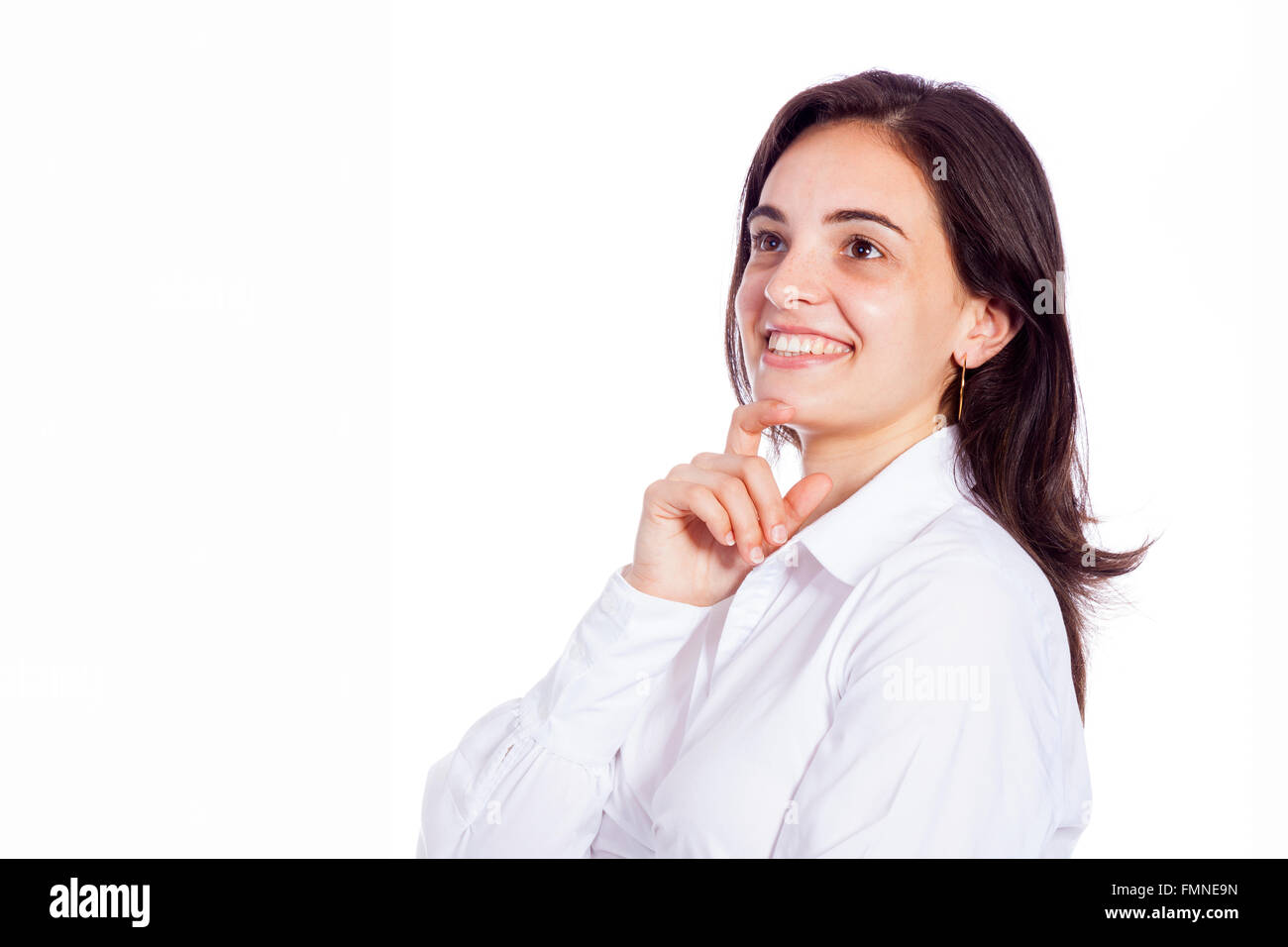 Portrait of a dreaming woman, isolated on white background Stock Photo ...