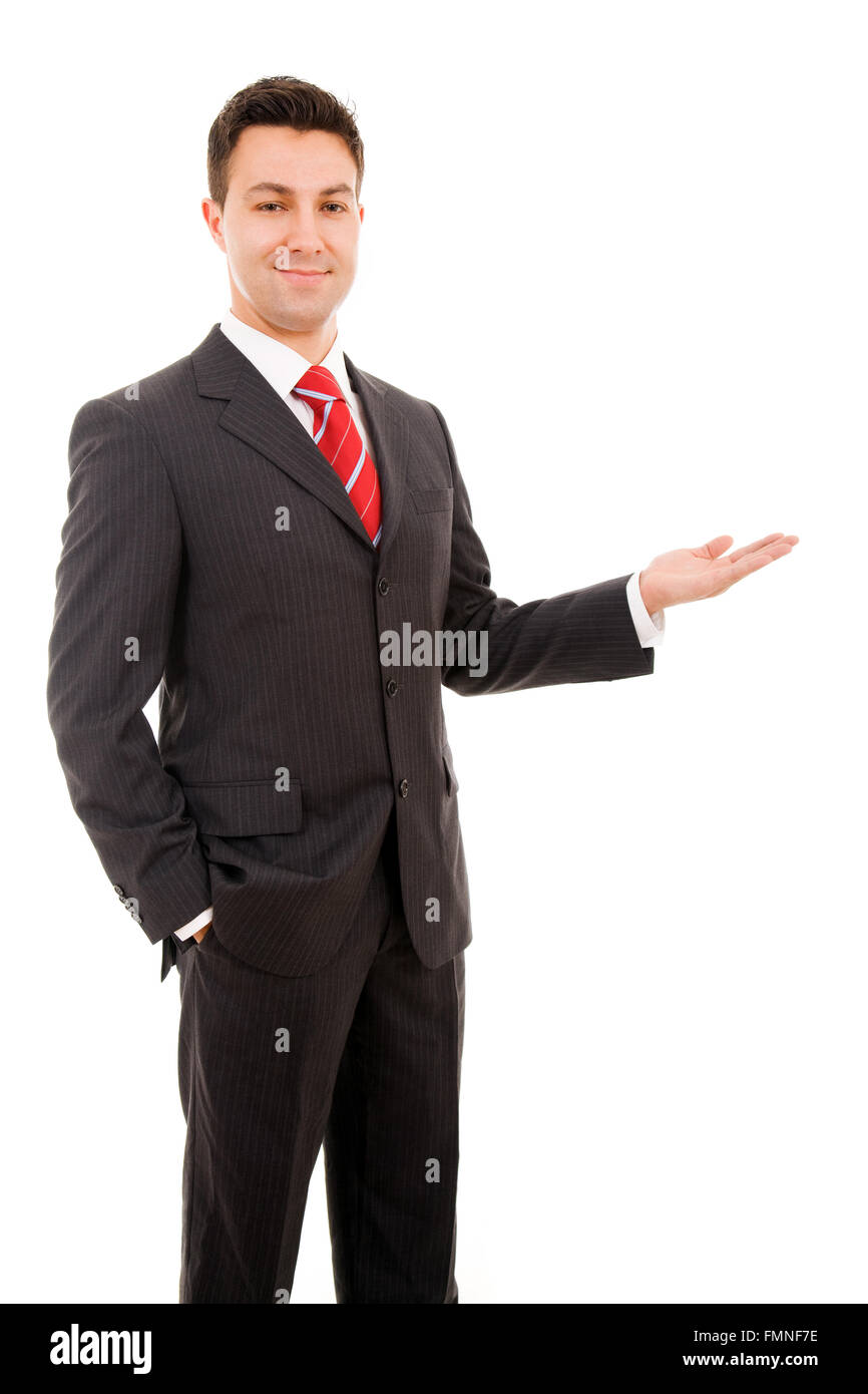 Happy business man presenting, isolated on white background Stock Photo ...