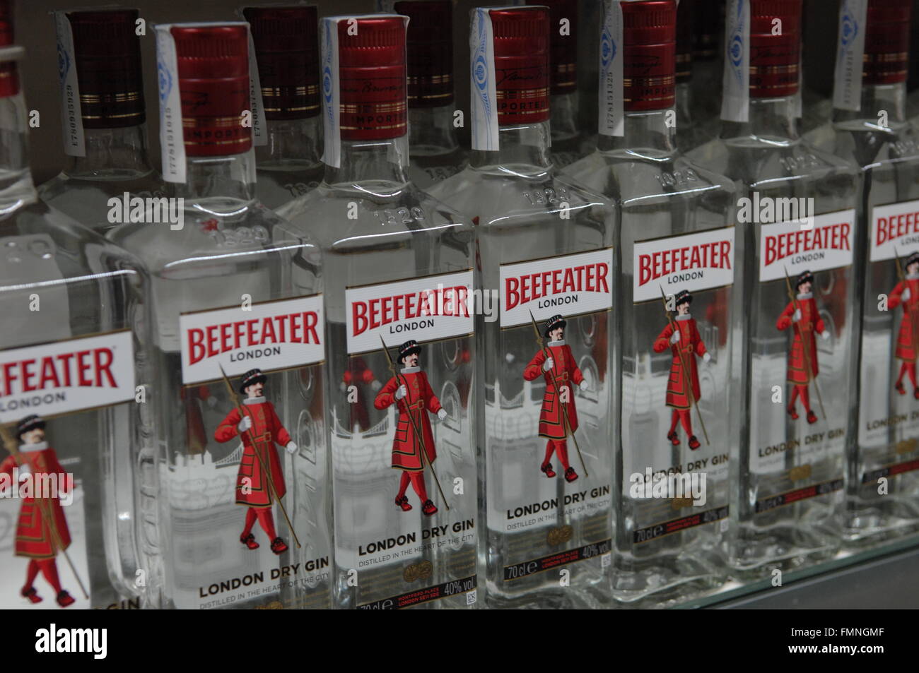 A close up row off Beefeater London's dry Gin Stock Photo - Alamy