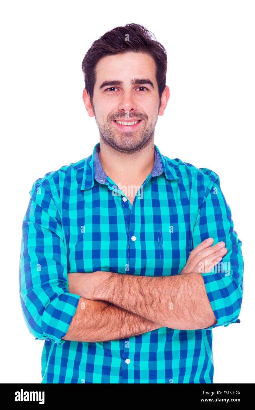 Portrait of a handsome latin man smiling, isolated over a white ...