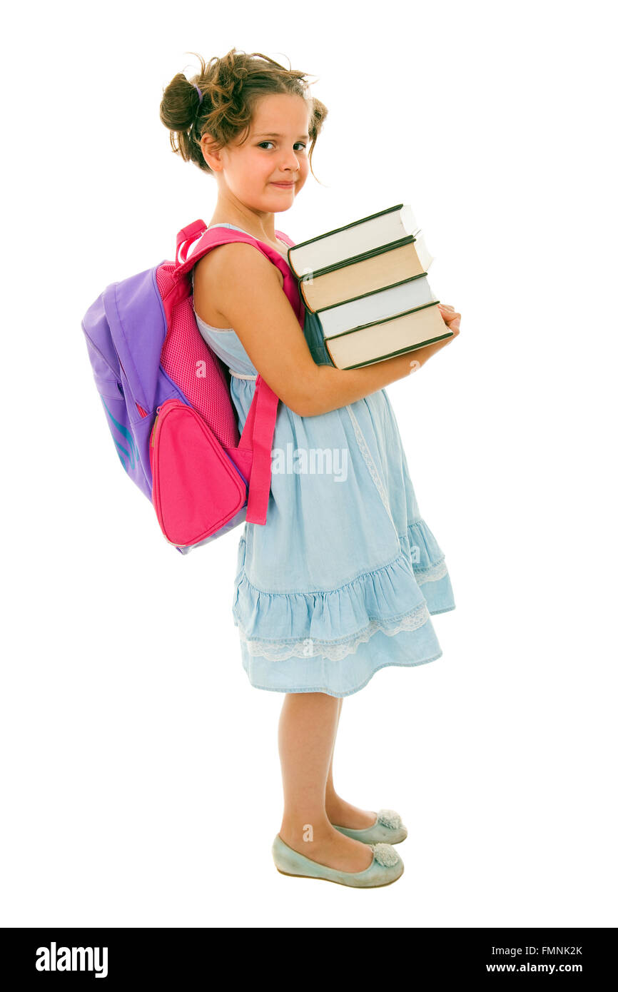 little girl with backpack and books, isolated over white background ...
