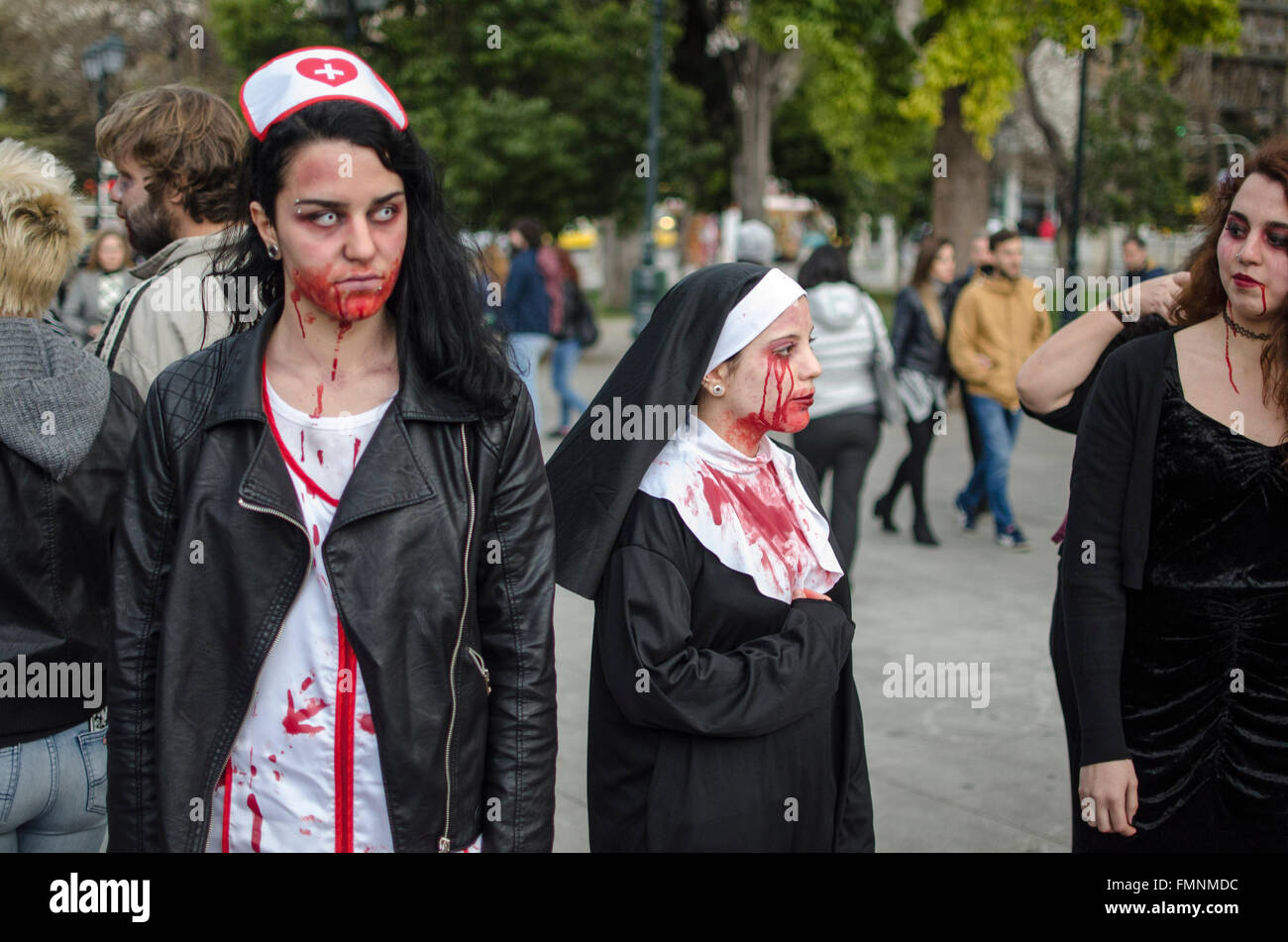 Athens, Greece. 12th Mar, 2016. Participants in the 2016 Athens Zombie ...