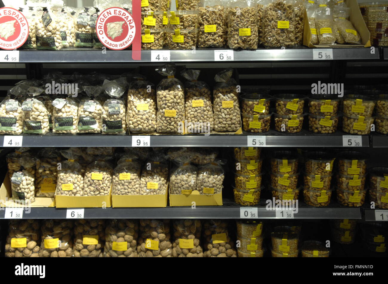 A image of a selection of nuts on display in carrefour, Spain Stock ...