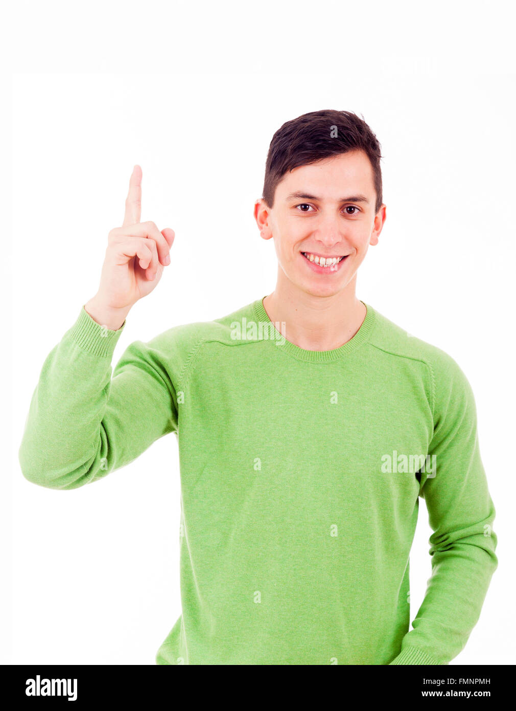 Happy man pointing up, isolated over a white background Stock Photo - Alamy