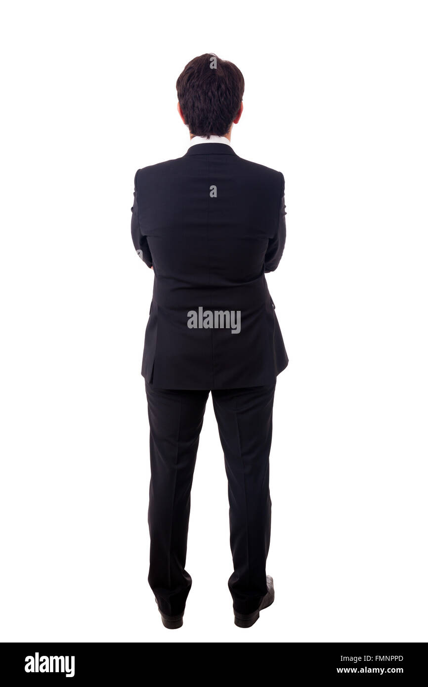 Young business man from the back waiting for something over a white ...