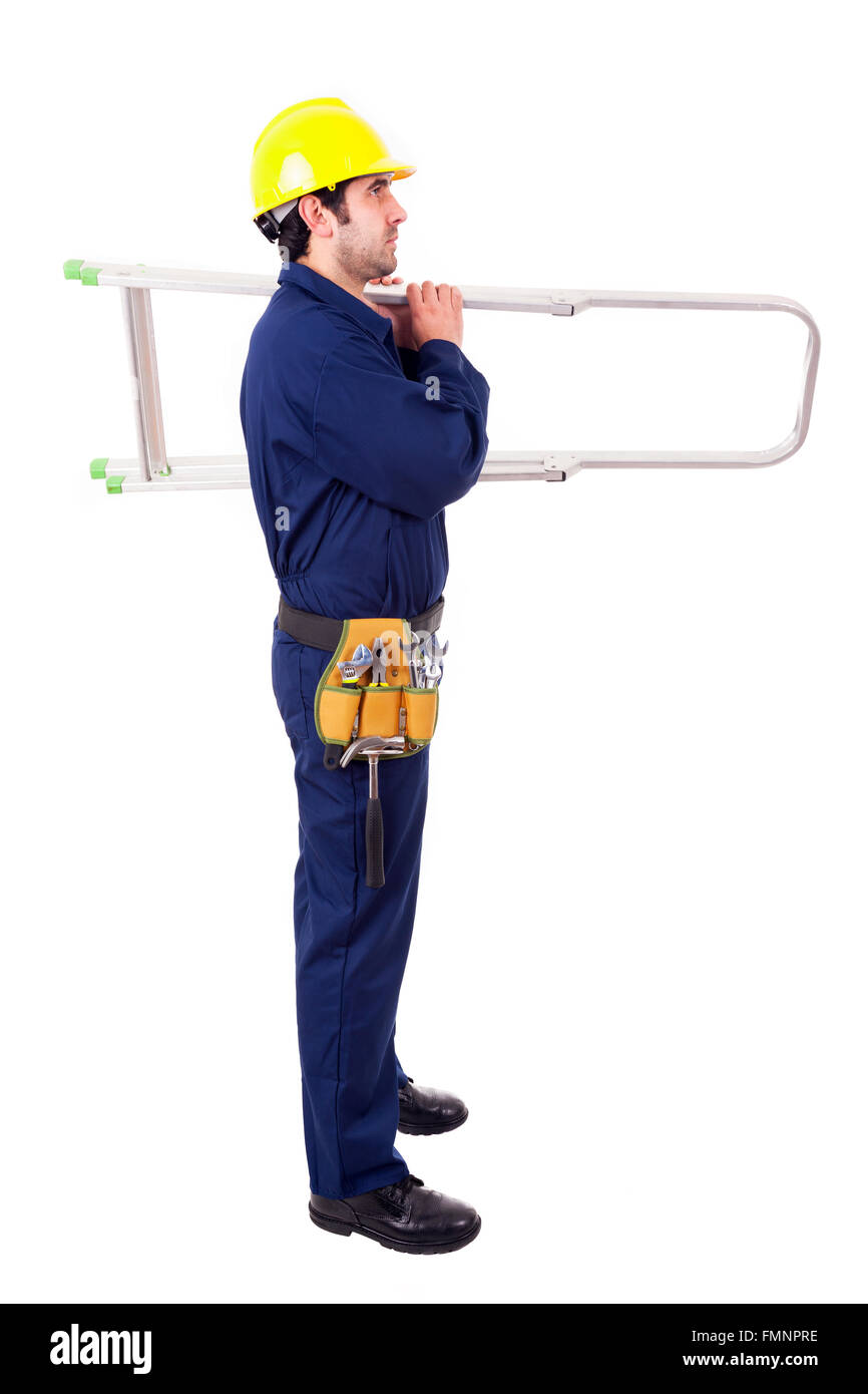 Full lenght of a young worker holding a ladder, isolated on white Stock ...