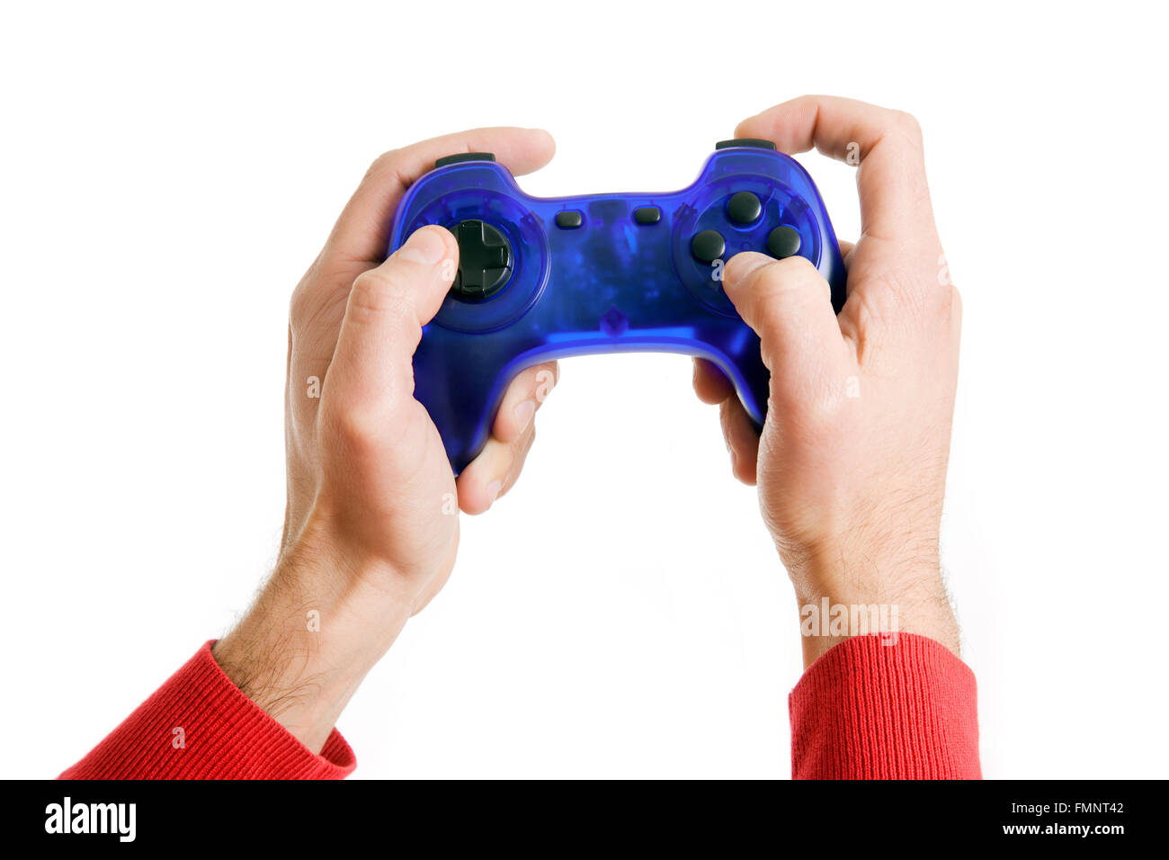 wireless video game controller in hands isolated on white background ...