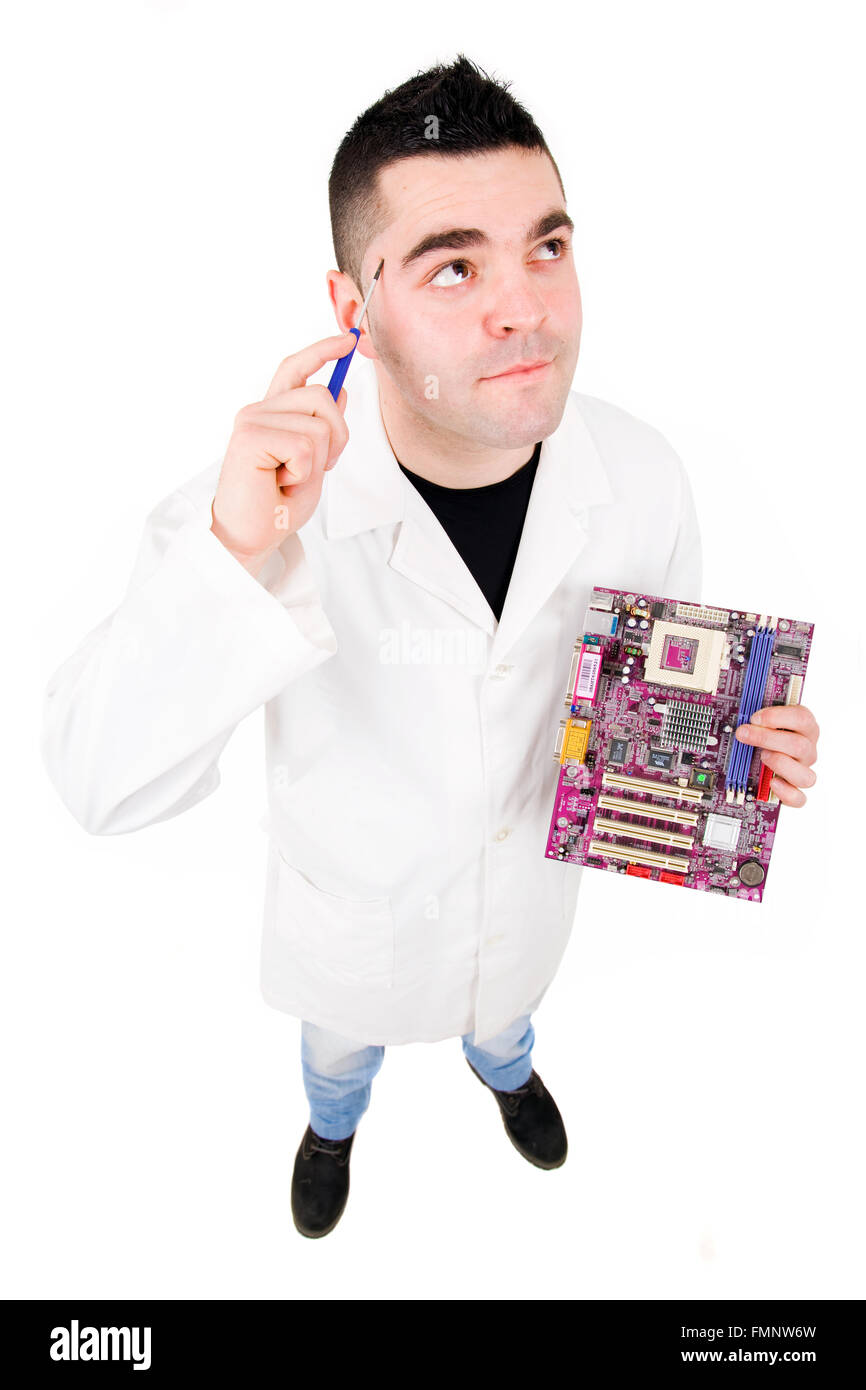 Pensive Computer Engineer on white background Stock Photo - Alamy