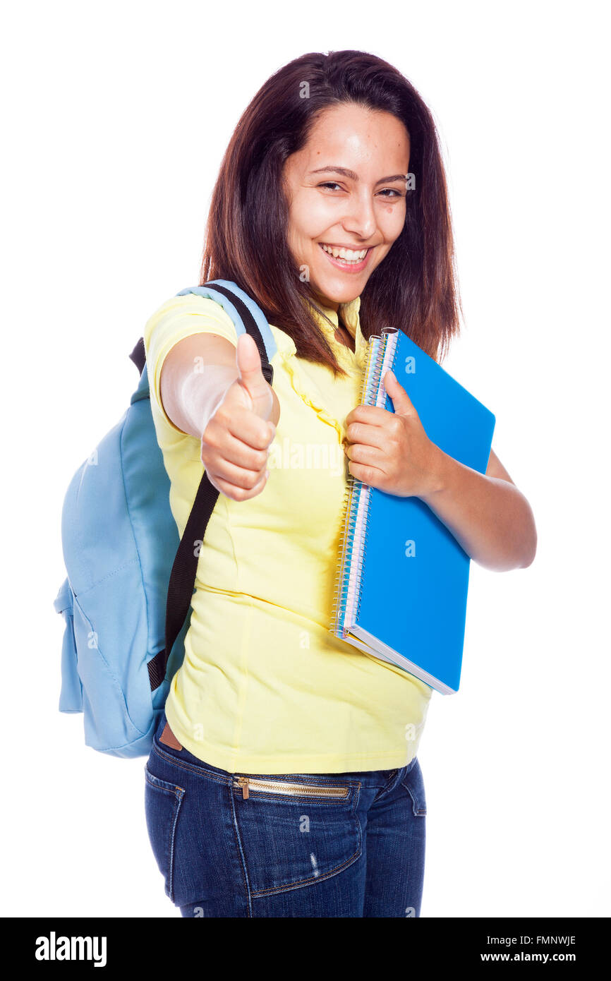 Happy female student thumb up and carrying notebooks - isolated over a ...
