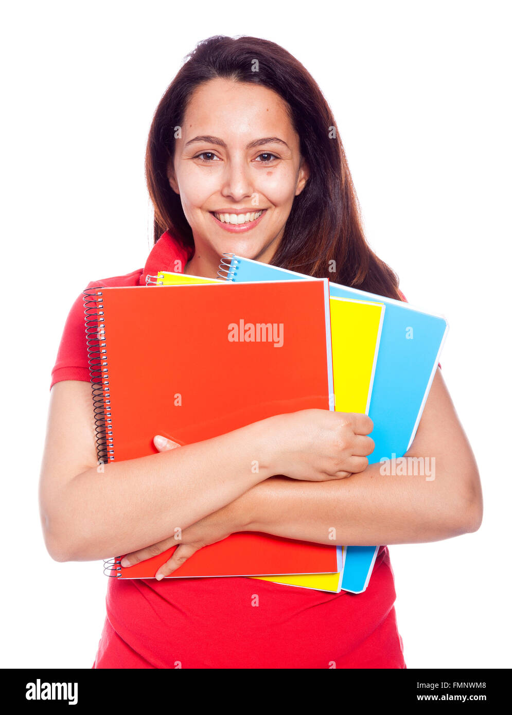Happy female student carrying notebooks - isolated over a white ...