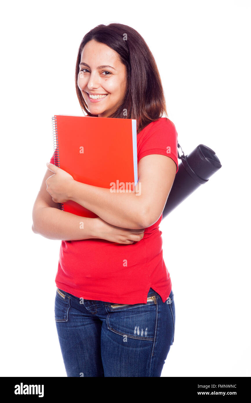 Happy female architecture student carrying notebooks - isolated over a ...