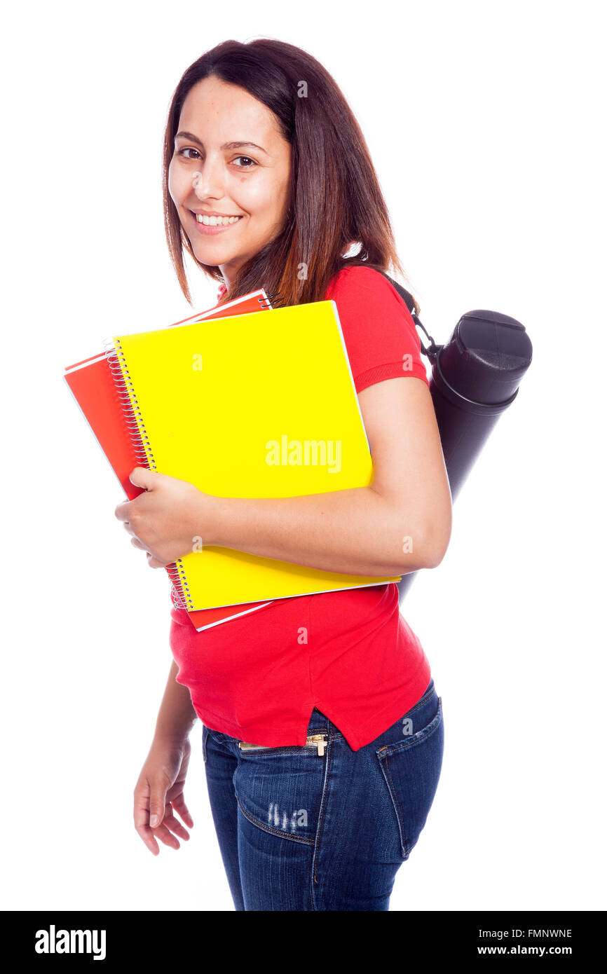 Happy female architecture student carrying notebooks - isolated over a ...