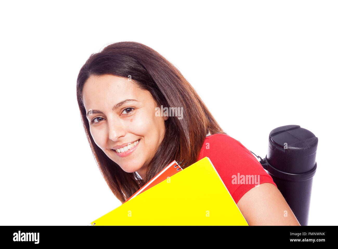 Happy female architecture student carrying notebooks - isolated over a ...