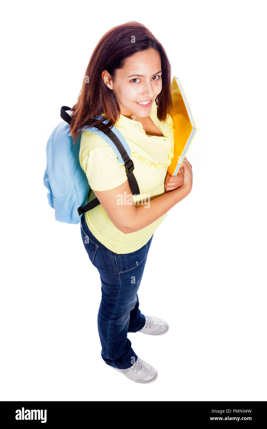 Smiling female student carrying notebooks - isolated over a white ...