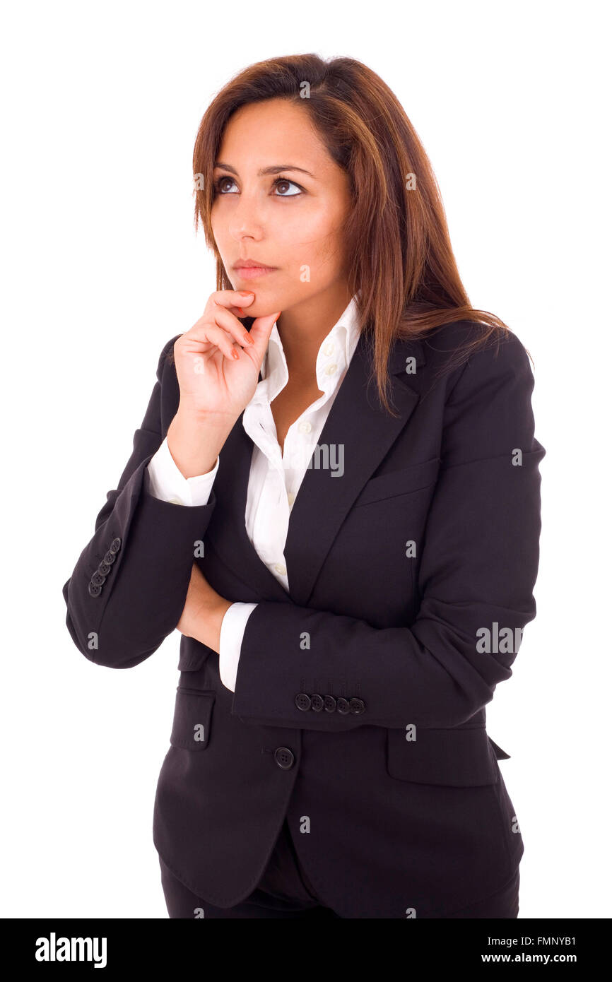 Young beautiful business woman thinking, isolated on white Stock Photo ...