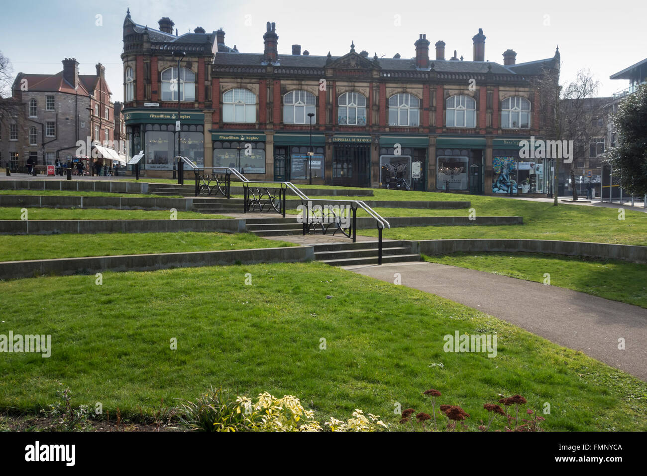 Rotherham town centre and shops seen from Minster garden Stock Photo ...