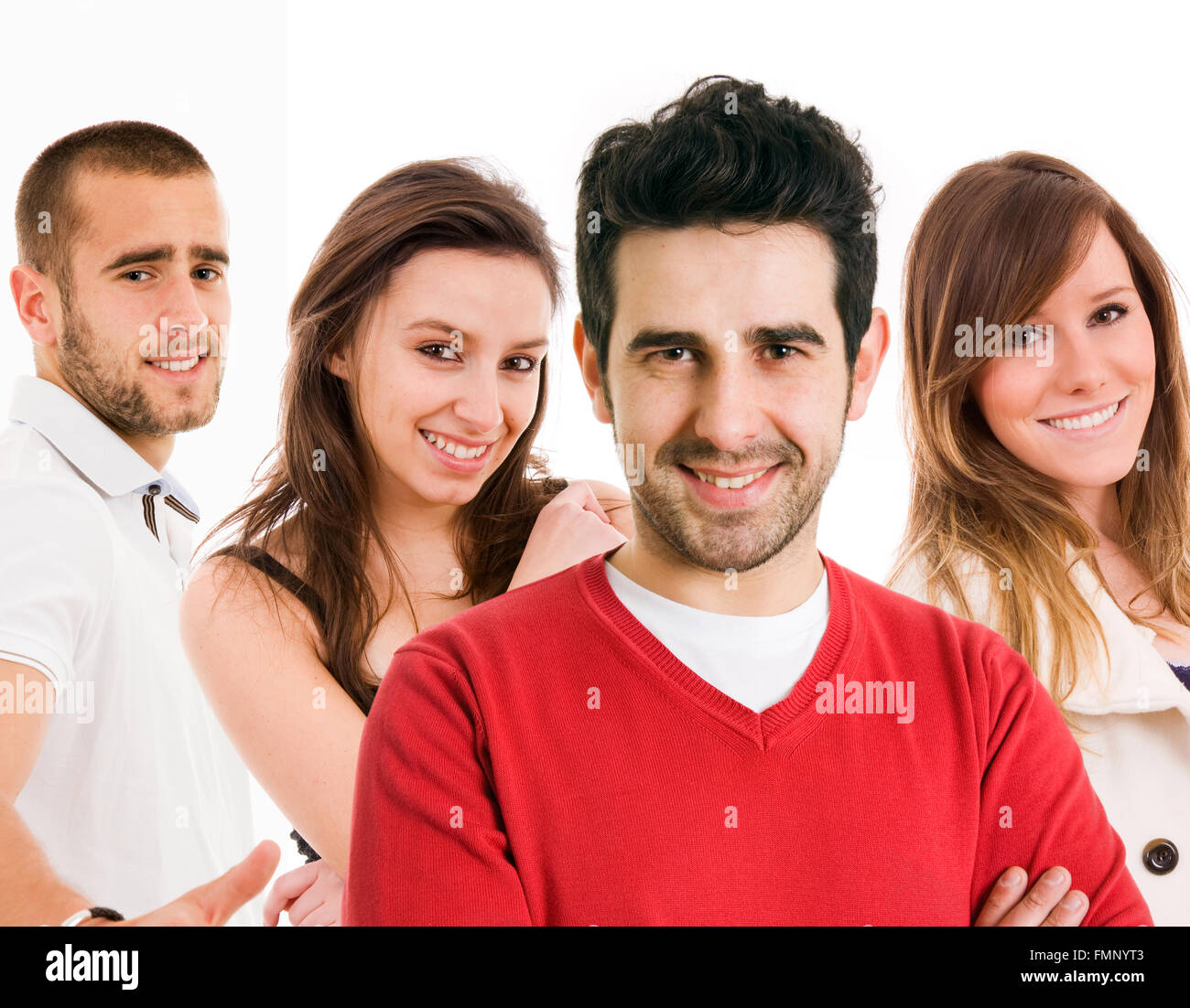 Closeup portrait of young men and women together isolated on white ...