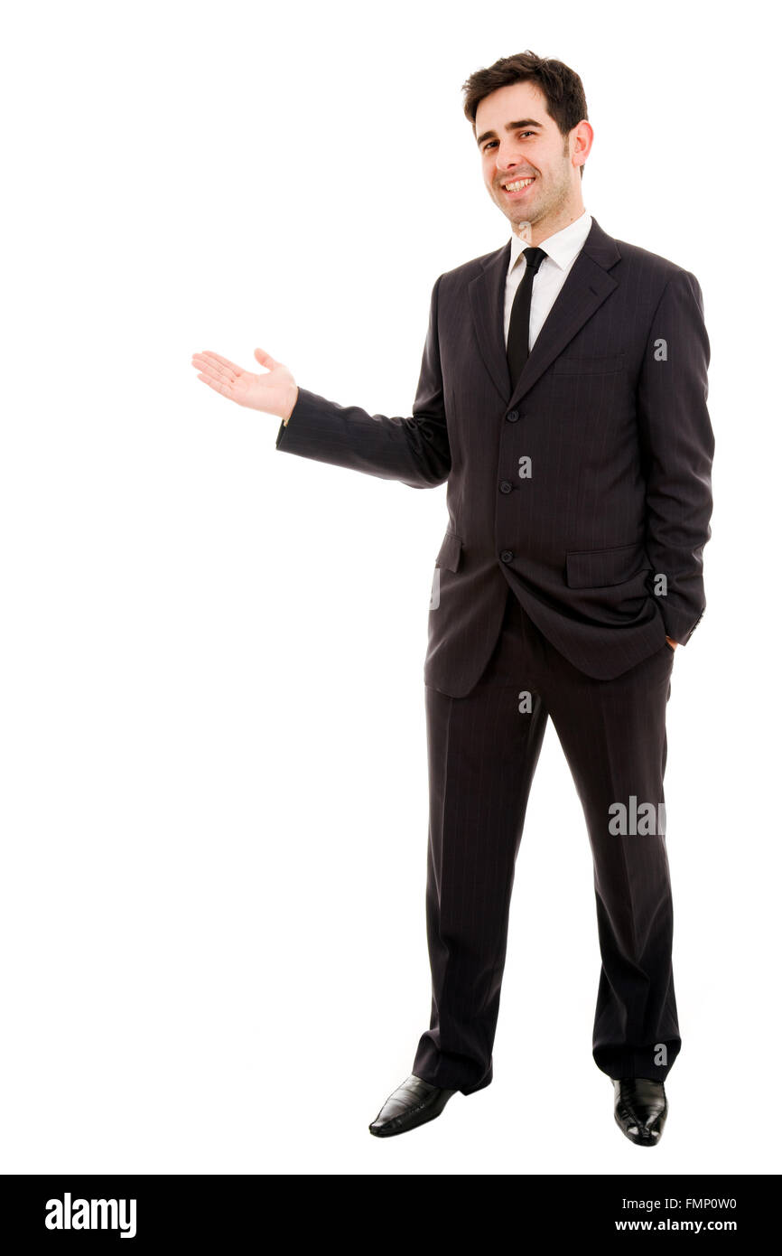 Full length of successful business man presenting over white background ...