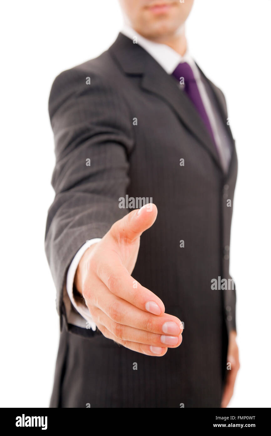 Business man offers his hand ready to seal a deal isolated on white ...