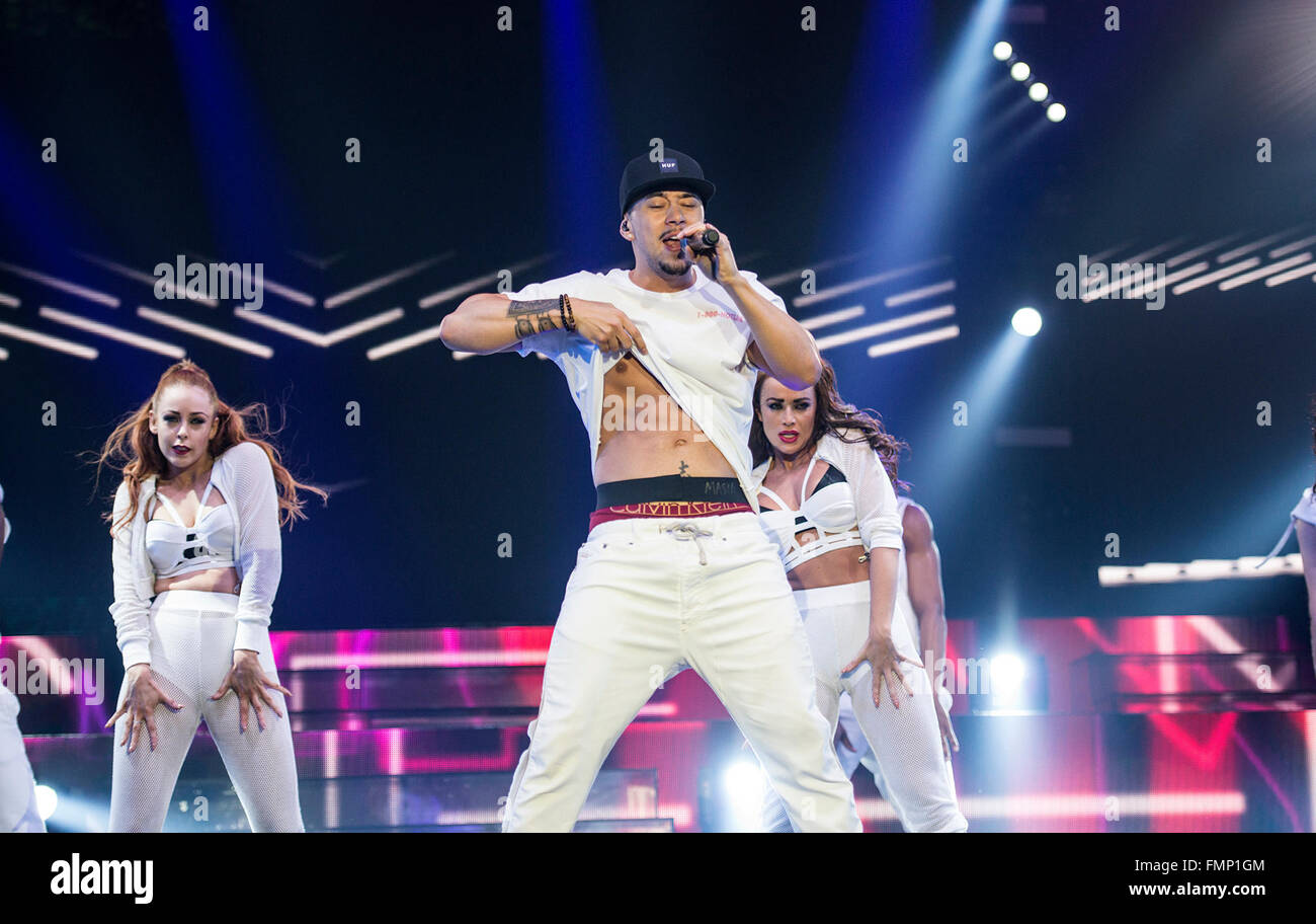 Manchester, UK. 12th March 2016. Mason Noise performs on the X Factor ...