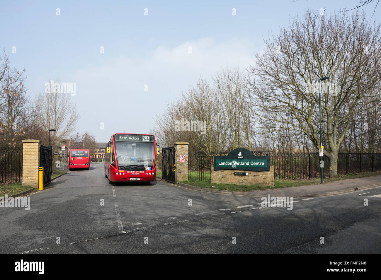 A 283 Bus emerges from the London Wetland Centre in Barnes, SW London ...