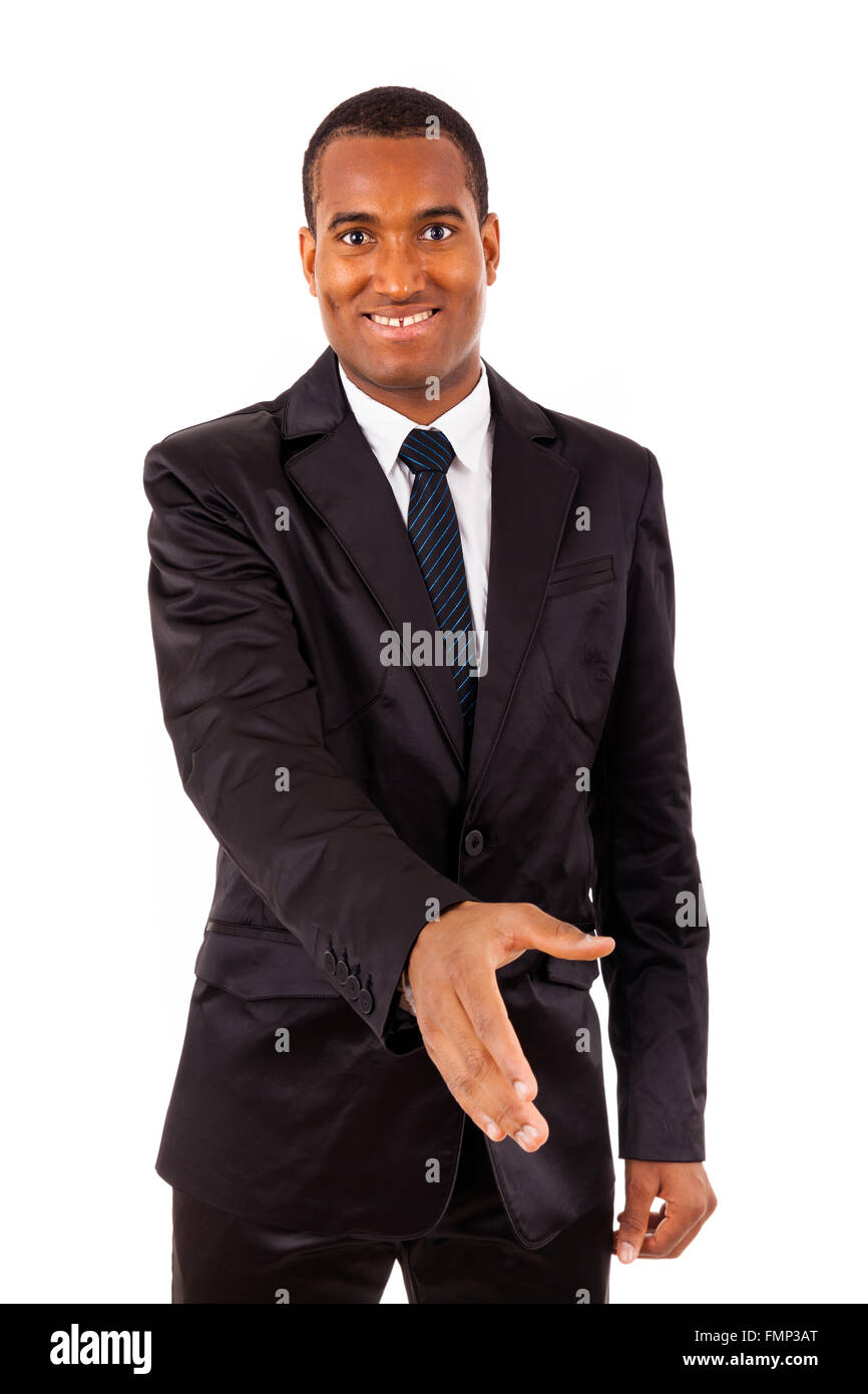 Portrait of an African American business man with an open hand ready to ...